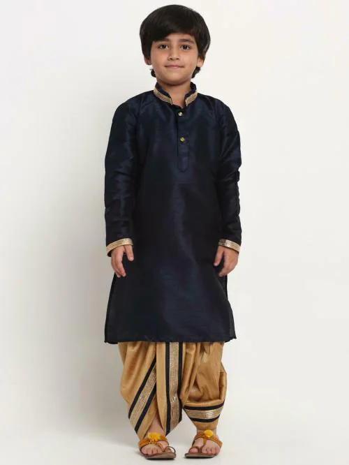 Buy Benstoke Boys Navy Blue & Copper Solid Silk Blend Kurta Dhoti Set ...