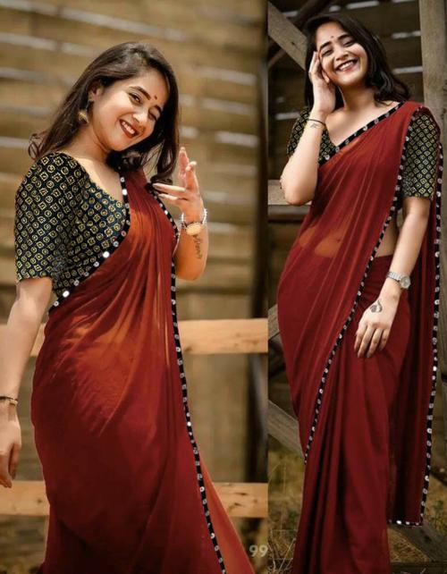 Buy Sareez House Women Maroon Solid Georgette Bollywood Saree (Zomato ...