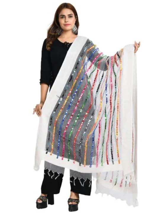Buy Moeza Women White Organza Cotton Thread Mirror Work Dupatta Online ...