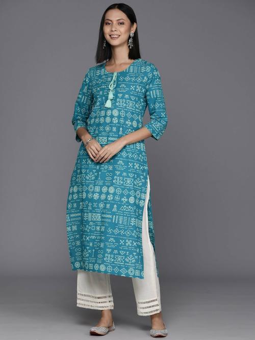 Buy Varanga Women Blue & Off White Printed Straight Kurta Online at ...