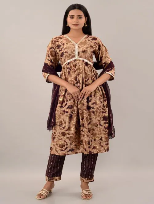 Buy KRITYA Women's Brown Chanderi Alia Cut Embroidered Kurta with Pant ...