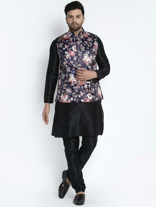 Buy Benstoke Men's Silk Blend Black Kurta With Pyjama & Navy Blue ...
