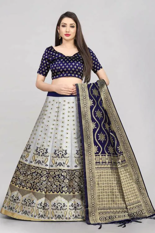 Buy Fabcartz Women White Self Design Jacquard Lehenga Choli Online at ...