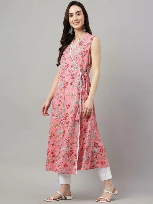 Buy Janasya Women's Pink Cotton Floral Print Angrakha Kurta Online at ...