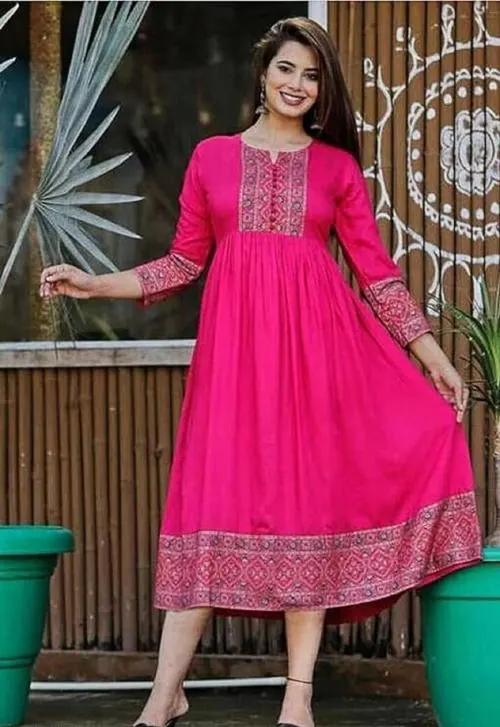 Buy Fargin Womens Anarkali Rayon Kurti with Printed Border Pink Online ...