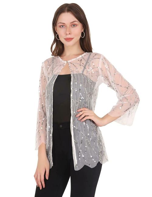 Buy UNFAKENOW Women White Embellished Net Shrug (4XL) Online at Best ...