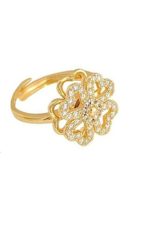 Buy Myjewel Gold Plated Metal Rotating Cubic Zirconia Studded Adjustable Clover Ring Online at ...