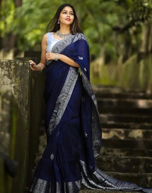 Buy Siril Poly Silk Silver & Blue Color Saree with Blouse piece ...