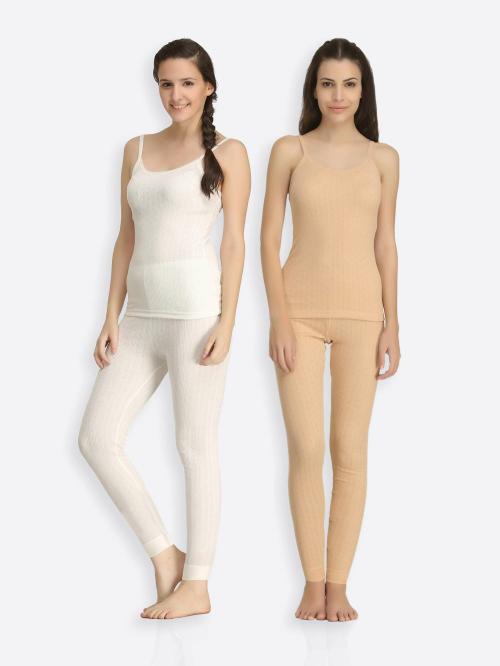 Buy Kanvin Women Off White & Skin Round Neck Sleeveless Pack of 2 Thermal Sets Online at Best ...