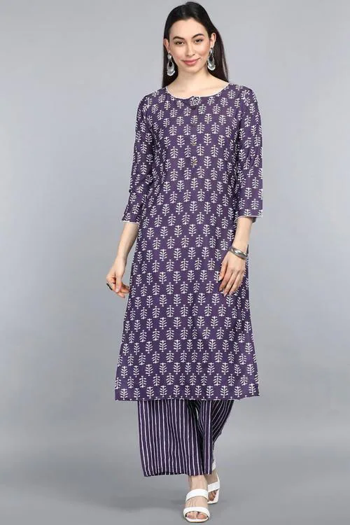 Buy Ratnavali Cotton Blend Printed Kurta Pant Set KS019-03-L Online at ...