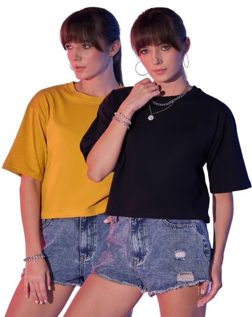 Buy Dimpy Garments Mustard Black Cotton Solid Loose Fit Round Neck Women Cropped Tshirts Combo ...