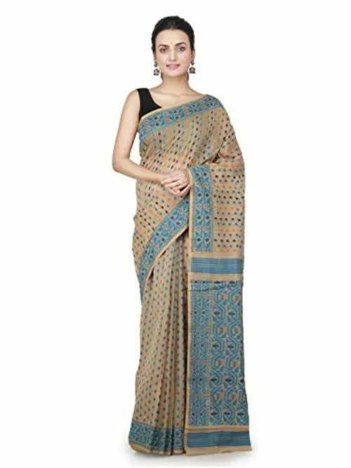 Buy PinkLoom Women Beige Handloom Pure Cotton Saree Without Blouse ...