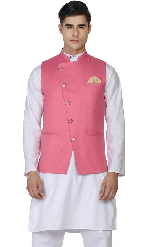 Buy TAHVO Men Pink Solid Satin Kurta, Ethnic Jacket and Pyjama Set ...