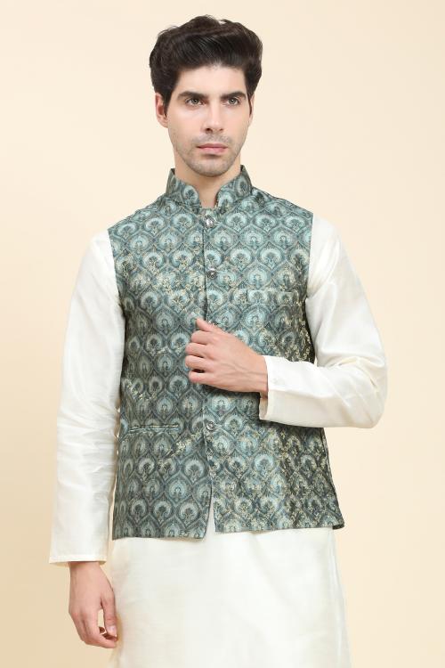 Buy Aany's Culture Green Floral Pattern Polyester Wedding Nehru Jacket ...