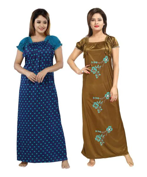 Buy Shopping World Women Multicolor Printed Satin Nighty Combo- Free ...