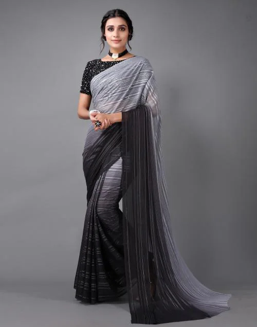 Buy Siril Women Georgette Grey & Multi Dyed & Satin And Jari Patta ...
