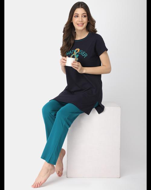 Buy Bell Paper Women Top & Pyjama Set Dark Blue Floral Print Online at ...