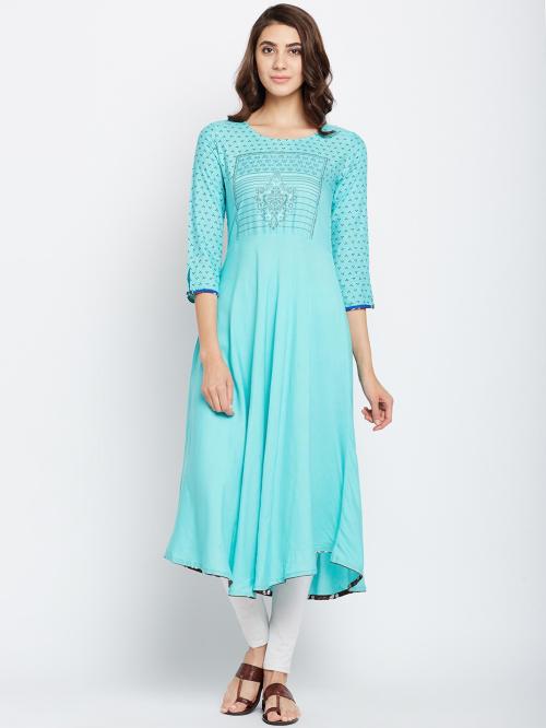 Buy Span Women Blue Floral Print Cotton Blend Flared Kurta - Mx333 ...