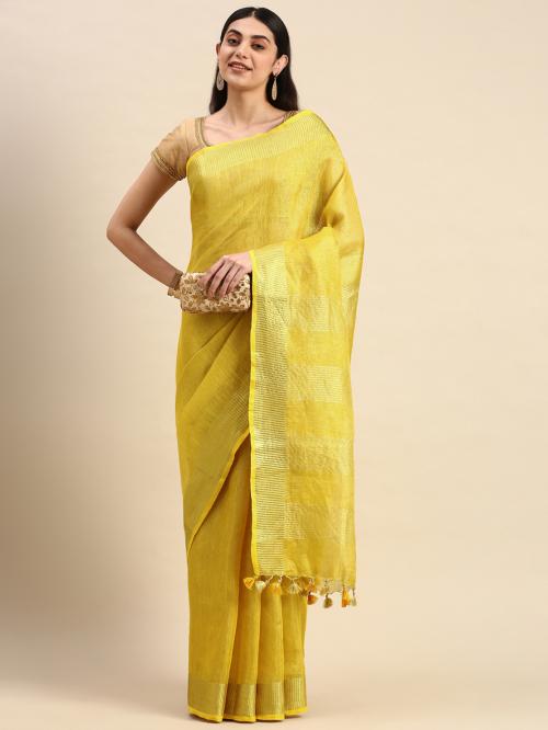 Buy APAAPI THREADS OF GLORY Gold Zari Tissue Linen Saree With ...