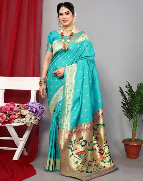 Buy Satrani Poly Silk Turquoise Color Saree With Blouse Piece | sarees ...