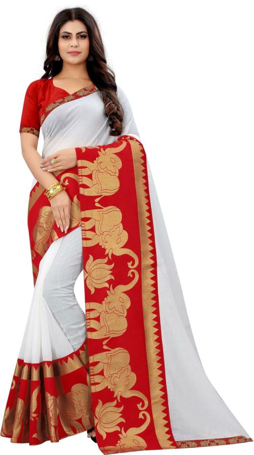 Buy Febo Fashion Women White Woven Design Cotton Blend Single Saree ...