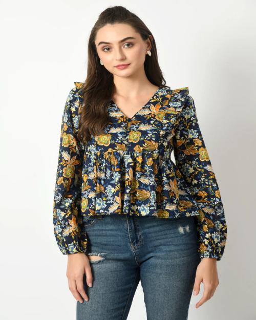 Buy LUMINARA VIBE MIDNIGHT BLUE FLORAL PRINTED TOP (MIDNIGHT BLUE ...