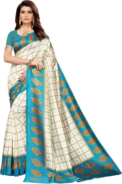 Buy Grubstaker Women White Checkered Art Silk Regular Saree Online at ...