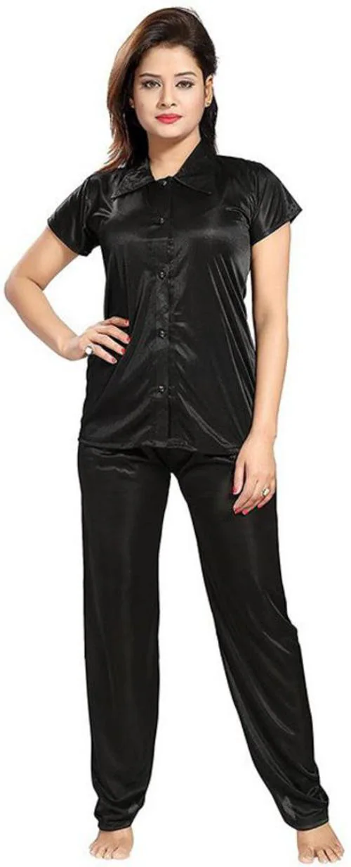 Buy Veeva Beauty & Fashion Women Black Solid Satin Night Suit Set ...
