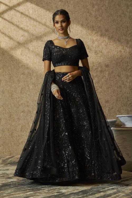 Buy Soch Women's Black Net Embellished Unstitched Lehenga Set Online at ...