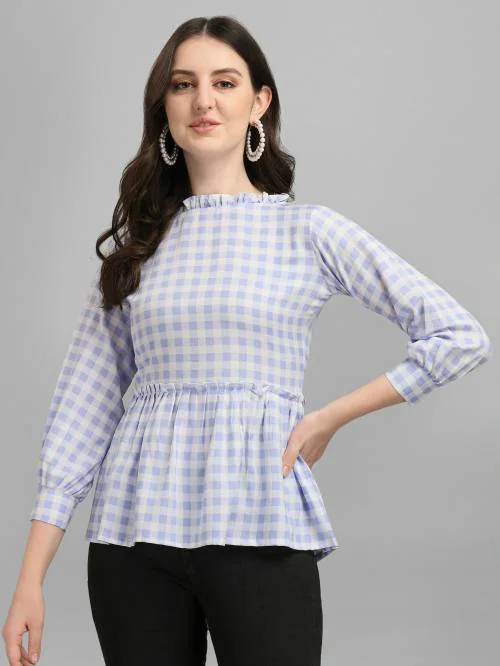 Buy Derifa Women Light Blue Checkered Viscose Rayon Peplum Top Online at Best Prices in India ...