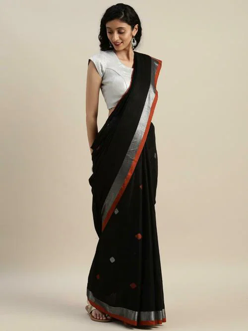 Buy VASTRANAND Women Black Linen Blend Woven Design Saree Online at ...