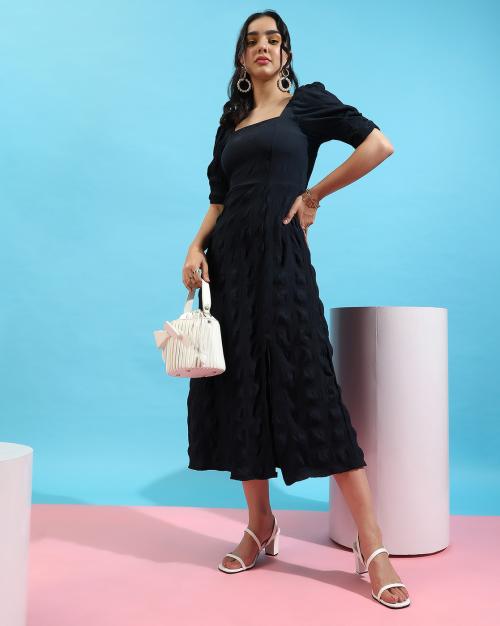 Buy Campus Sutra Women's Solid Navy Blue Dress With Slit Detail Online at Best Prices in India ...