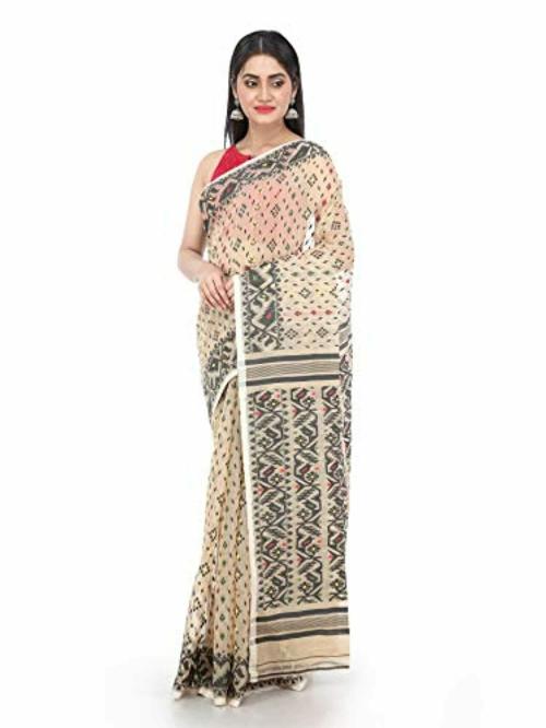 Buy PinkLoom Women Beige Solid Cotton Jamdani Saree without Blouse Piece Online at Best Prices ...