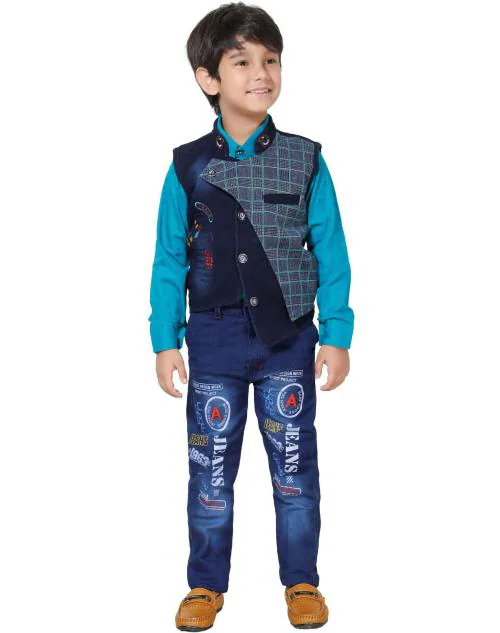 Buy Dkgf Fashion Boys Blue Printed Cotton Blend Shirt Jeans Online at ...