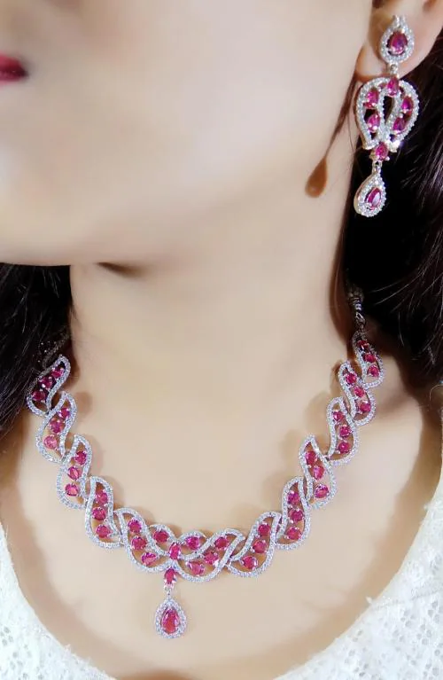 Buy Ladymania American Diamond Maroon Colour Jewellery Set Online at ...