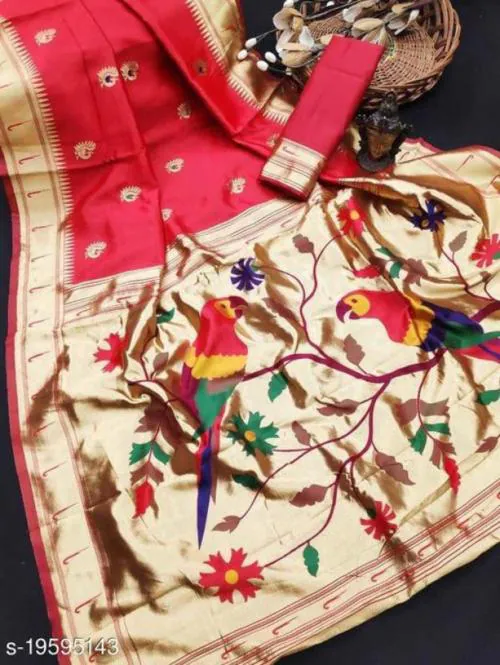 Buy MANGROLIYA IMPEX Women Red Applique Pure Silk Paithani Saree Online at Best Prices in India ...