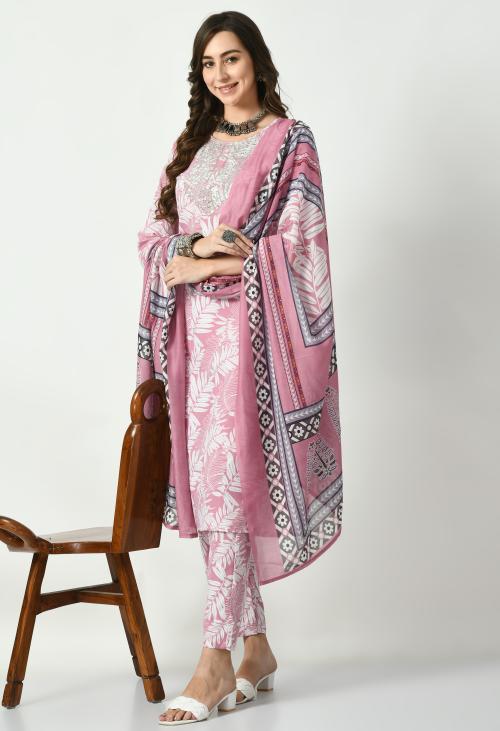 Buy S MAJIDA Pink Leaf Printed Kurta Set for Women with Dupatta Online ...