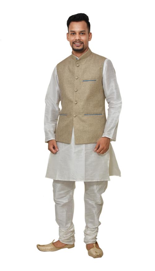 Buy HFP Men's White Matching silk Kurta Churidhar With Coffee Colour ...