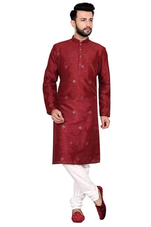 Buy HEORA Mens Maroon Silk Blend Kurta Pyjama Set for Ethnic and ...