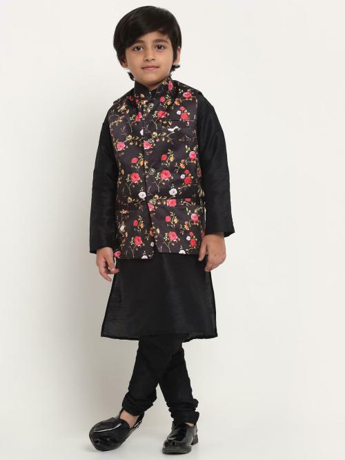 Buy Benstoke Boys Black Floral Silk Blend Kurta Pyjama Set Online at ...