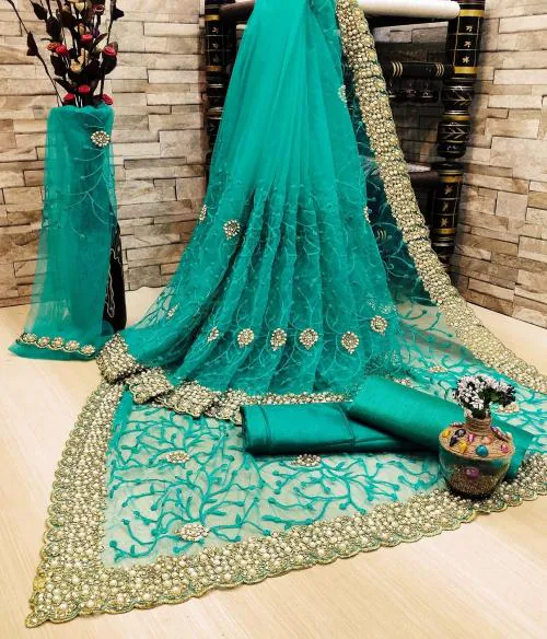 Buy Heavy Net Embroidery & Moti Work Saree Online at Best Prices in ...