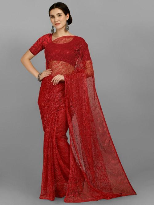 Buy Vedant Vastram Women Red Self Design, Embellished Net Bollywood ...