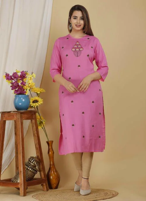 Buy Mehsoos Women Pink Embroidered Viscose Rayon Straight Kurta (5XL ...