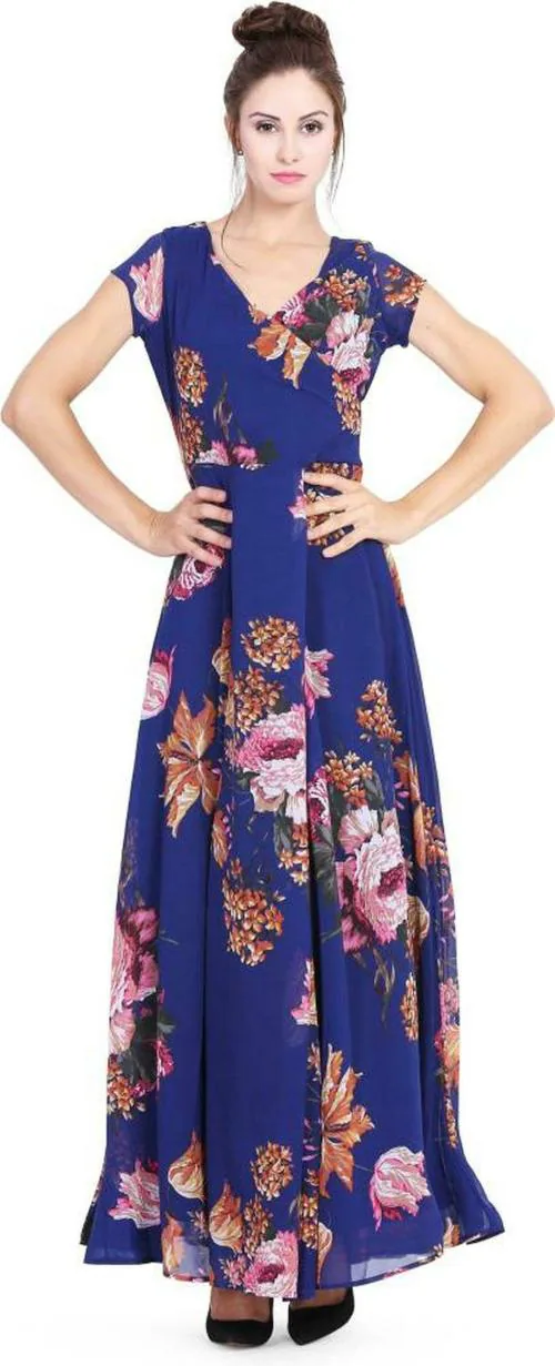 Buy scenestealer Women Blue Floral Print Poly Georgette Maxi Dress ...