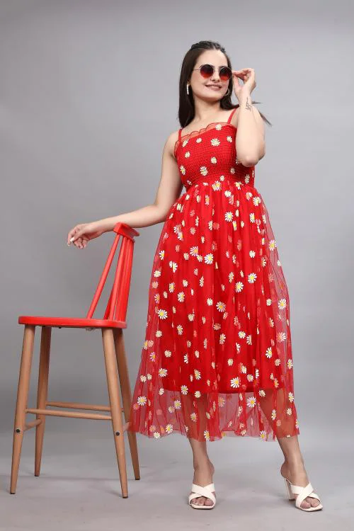 Buy C.J FABRICS Women's Net Fabrics Flower Print Bodycon Red Dress Online at Best Prices in ...