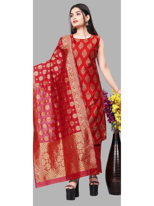 Buy Eilara Women's Silk Blend Red Straight Kutra, Pant with Dupatta ...
