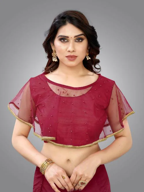 Buy Jay Pal Women Maroon Self Design Net Round Neck Blouse Online at ...