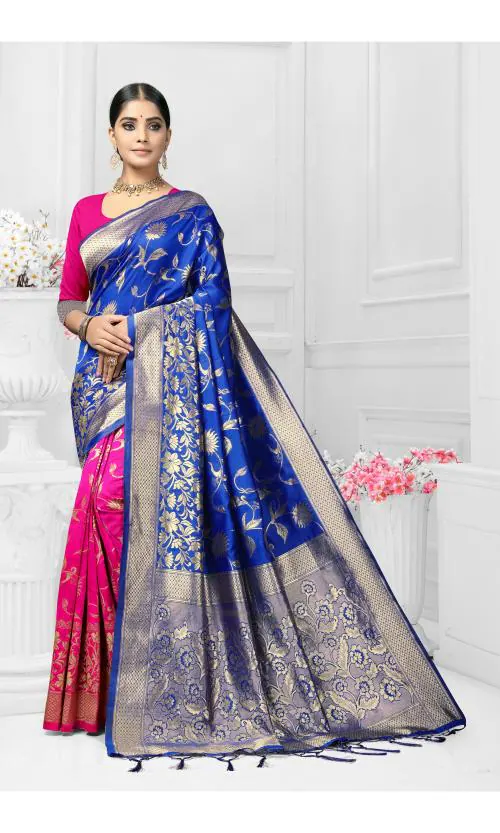 Buy EXPORIO Women's Litchi Silk Banarasi Half & Half Saree (Ambalika Royal Blue) Online at Best ...