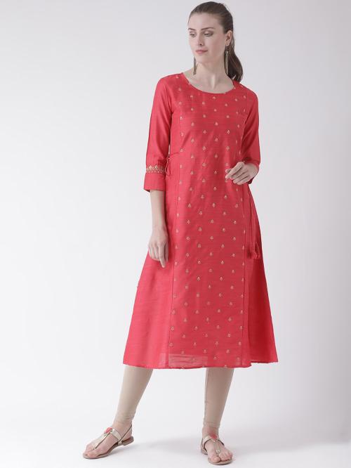 Buy Span Women Pink Floral Print Cotton Silk A-Line Kurta Online at ...