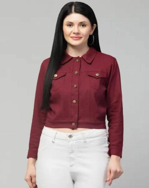 Buy VASTRA KOSHA Women Denim Blend Standard Length Jacket Maroon Color ...